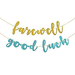Halodete Farewell Good Luck Banner, Retirement Banner, Farewell, Going Away, Job Change, Adventure Awaits Celebration Party Garland Bunting Decorations - Gold Blue Glitter