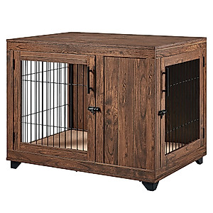beeNbkks Furniture Style Dog Crate, Double Doors Wooden Wire Dog Kennel End Table, Pet Crate with Soft Bed, Decorative Dog House Pet Furniture Indoor Use