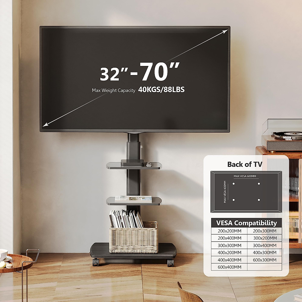 FITUEYES Rolling TV Stand, Mobile TV Cart on Wheels for 32 - 65 70 Inch Flat Screen TVs, Tall TV Floor Stand with Swivel Mount, Corner TV Stands for Bedroom, Outdoor, Home Office, Small Dorm, Black