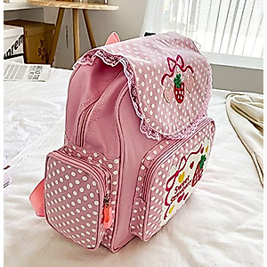 Cutemoria Girl's Kawaii Backpack Japanese Sweet Strawberry Embroidery School Backpack Casual Daypack Cute Lace Flap Backpacks, Pink, One Size