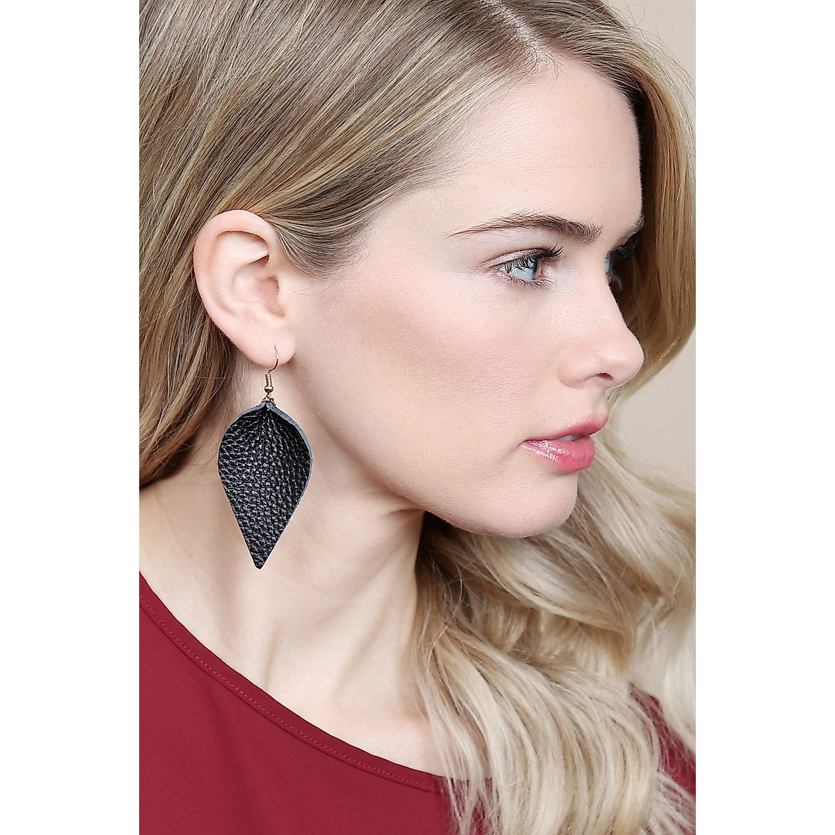 Bohemian Lightweight Genuine Real Leather Geometric Drop Statement Earrings - Petal Leaf, Triple Feather, Teardrop Dangles, Scallop Disc Hoop (Leaf - Black)