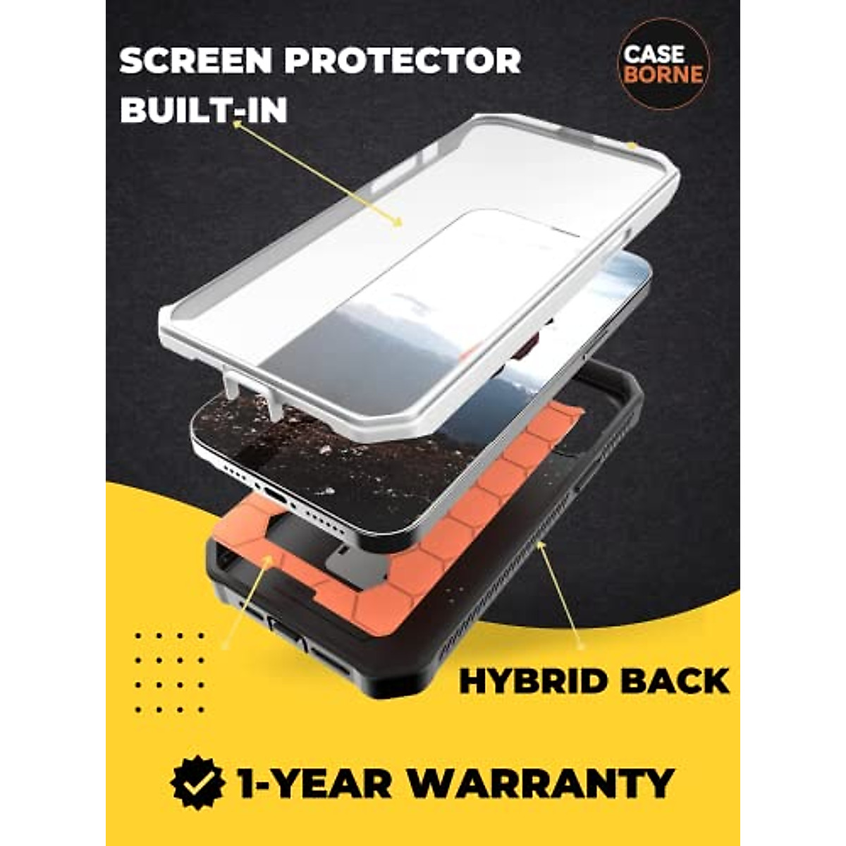 CaseBorne ArmadilloTek V Compatible with iPhone 14 / iPhone 13 Case - [Up to 21 Feet Drop Proof] - Military Grade Full Body Heavy Duty with Built-in Screen Protector and Kickstand - White