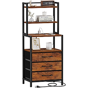 Snughome Tall Nightstand with Charging Station and Drawers, Night Stand with 4-Tier Storage Shelves, Bedside Nightstand Table, End Table Bed Side Table for Bedroom, Home Office, Living Room, Dorm