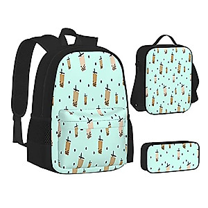 3 Piece Backpack Set Boba Tea On Blue Background, Bubble Tea, Milk Tea With Black Pearl School Bag,Travel Camping Daypack Students Bookbag Pencil Case Lunch Bag Combination
