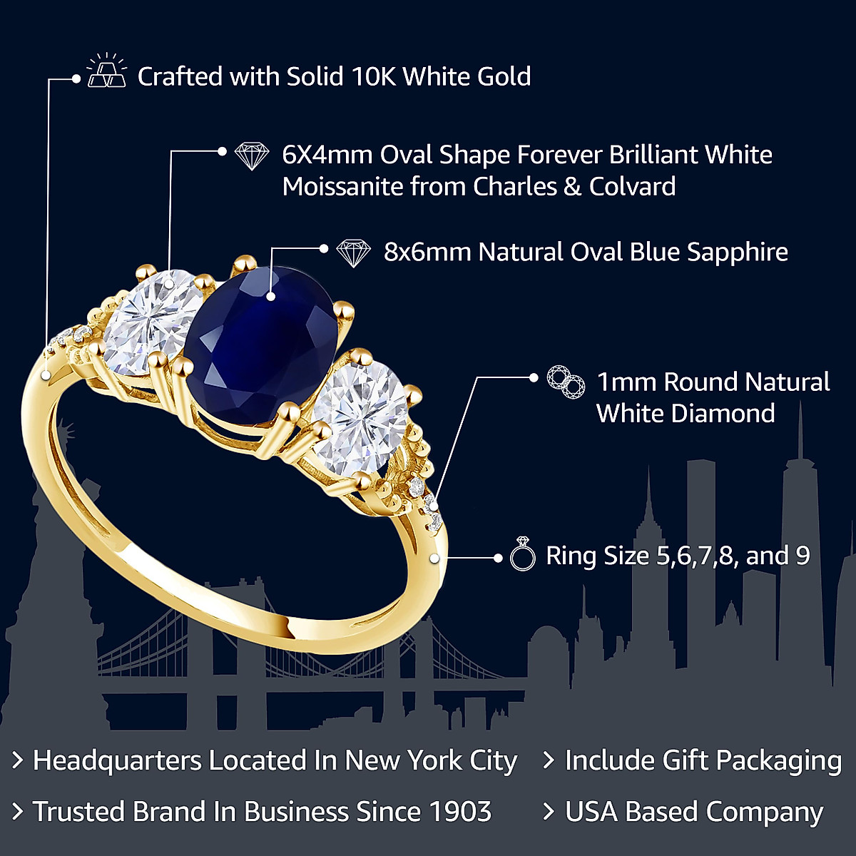 Gem Stone King 2.84 Cttw 10K Yellow Gold Blue Sapphire White Moissanite and Diamond 3-Stone Engagement Ring | Gemstone Birthstone | 3 Stone Wedding Anniversary Promise Ring For Women (Size 5)