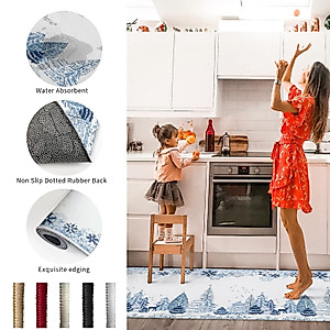 Christmas Winter Kitchen Rugs and Mats Set of 2 New Year Abstract Snowflake Elk Blue Xmas Kitchen Mat,Non-Slip Area Runner Rug,Washable Floor Mat for Home Dining Room Office 16x24in+16x47in