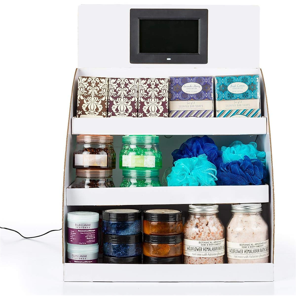 Displays2go Countertop Cardboard Shelving with 7" Digital Display – White (TBSH3WTDG)