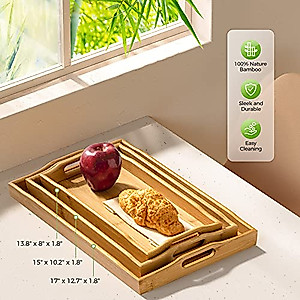 3 Pack Bamboo Serving Tray Food Tray with Handles, Multi-Use Platter Trays Set for Food, Coffee, Breakfast, Tea, Snack, Wooden Decor Tray Used in Kitchen, Dining Room, Party, Restaurants by Pipishell