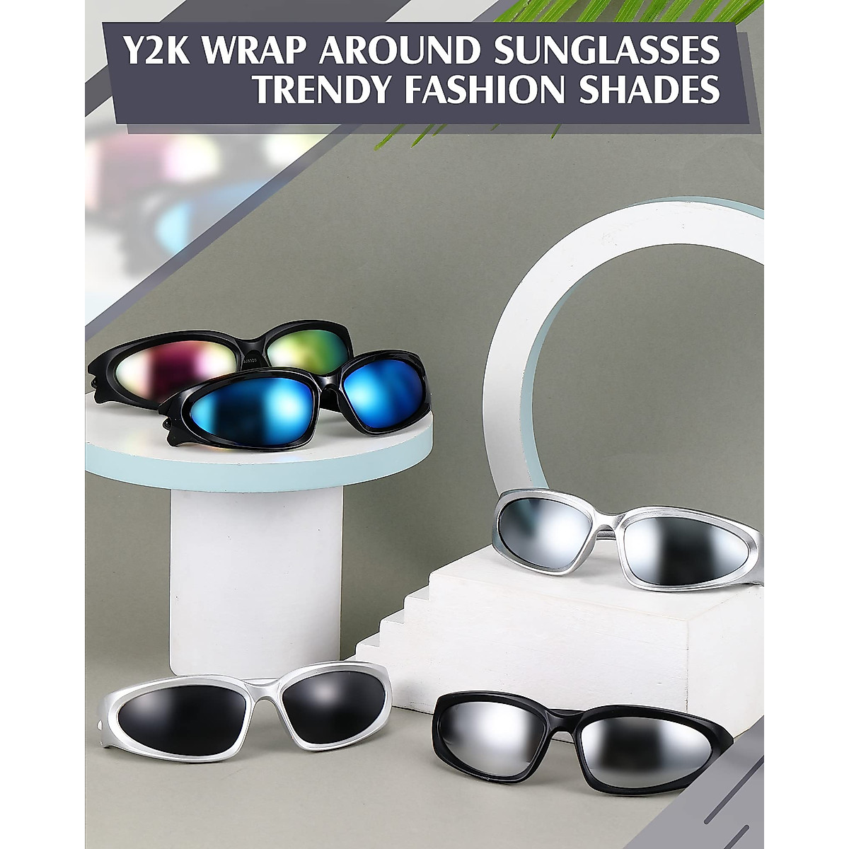 10 Pairs Y2K Wrap Around Sunglasses Multicolor Black Blue Silver Oval Shaped Sport Sunglasses Eyewear for Women Men 10 Colors