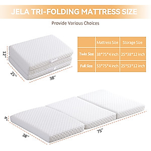 jela Foldable Mattress Twin Mattress, 4 Inch Memory Foam Folding Mattress, Trifold Mattress with Storage Bag and Waterproof Lining, Portable Mattress for Camping, Floor, Guest (38x75x4 inch, Twin)