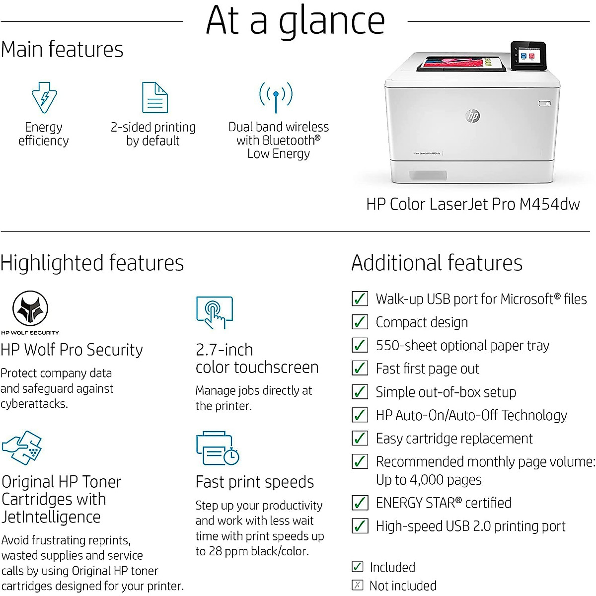 HP Color Laserjet Pro M454dw Print only Wireless Ethernet Laser Printer for Home Office, 28 ppm, 2.7" Touchscreen, 600 x 600 dpi, 8.5 x 14, 512MB RAM, Auto Duplex Printing, White, Cbmou Printer Cable