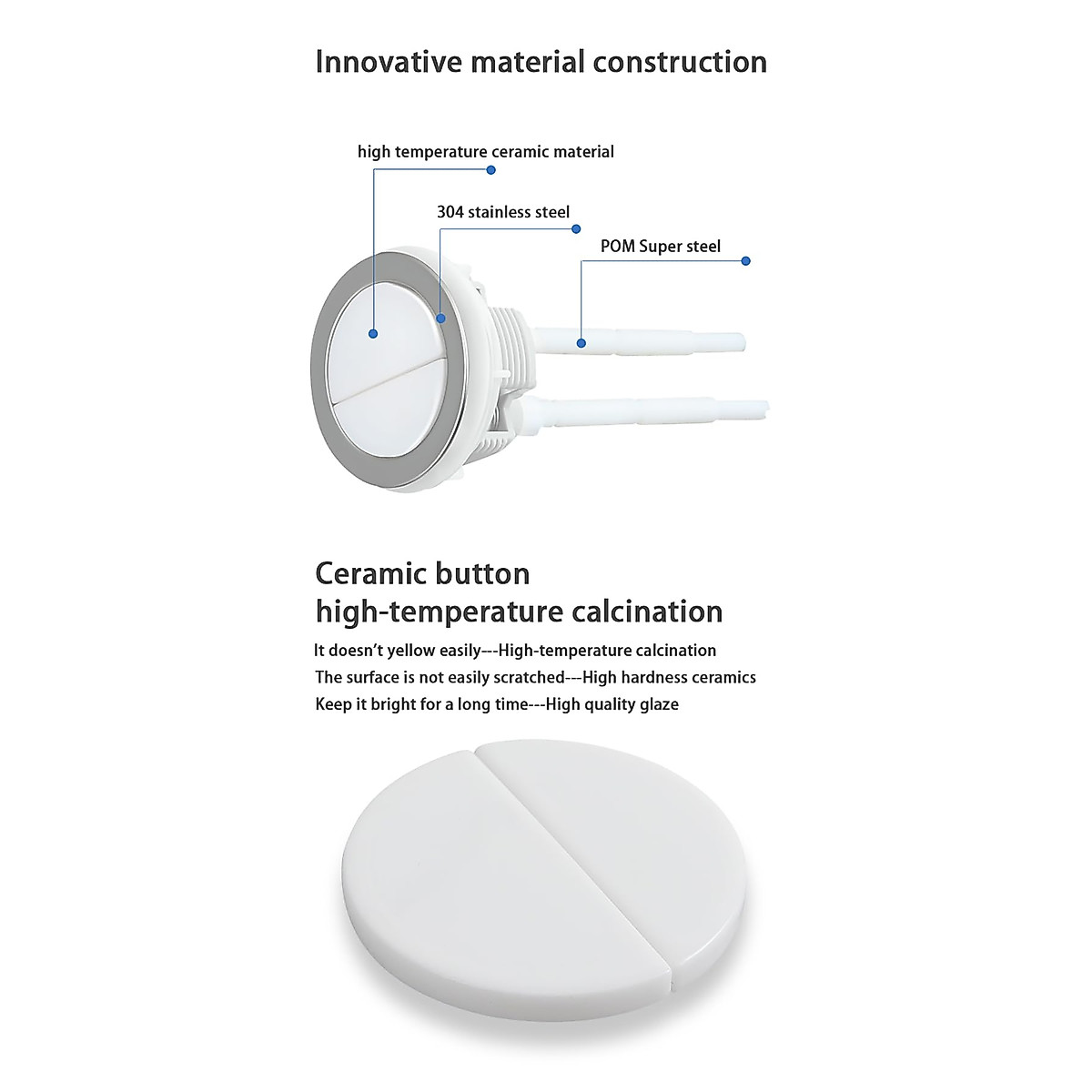 BKK HOME Toilet Cistern Dual Flush Valve Push Button Replacement Toilet Tank Flush Valve Ceramic Push Button Thread Diameter 48mm/1.89"