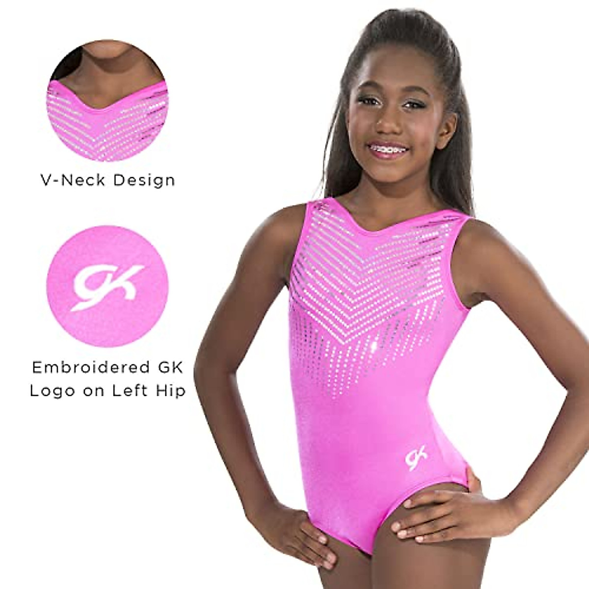 GK Girls Pink Diamonds Leotard - One Piece Outfit for Gymnastics, Dance, Ballet (AS, Pink)