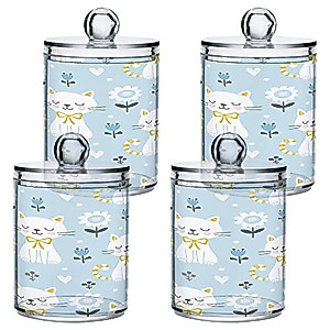 Kigai Cute Cats Qtip Holder - 14OZ Clear Plastic Apothecary Jars Bathroom Canister Dispenser Organizer Vanity Storage Jar with Lid for Cotton Ball, Cotton Swab, Floss (2PACK)
