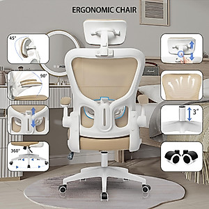 SenceHome Office Chairs, Ergonomic Office Chair, High Back Desk Chair with Adjustable Headrests, Lumbar Support and Flip-up Armrests, Breathable Mesh Computer Chair for Home Office (Khaki)