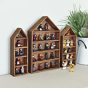 Ikee Design 3 Pcs Set House-Shaped Shelf Wooden Shadow Cubby Box Display Shelf Organizer Storage Display Shadow Box for Mini Figures,15 Compartments, Brown Color