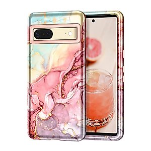 Btscase for Google Pixel 7 Case, Marble Pattern 3 in 1 Heavy Duty Shockproof Full Body Rugged Hard PC+Soft Silicone Drop Protective Women Girl Phone Covers for Google Pixel 7 (2022), Rose Gold