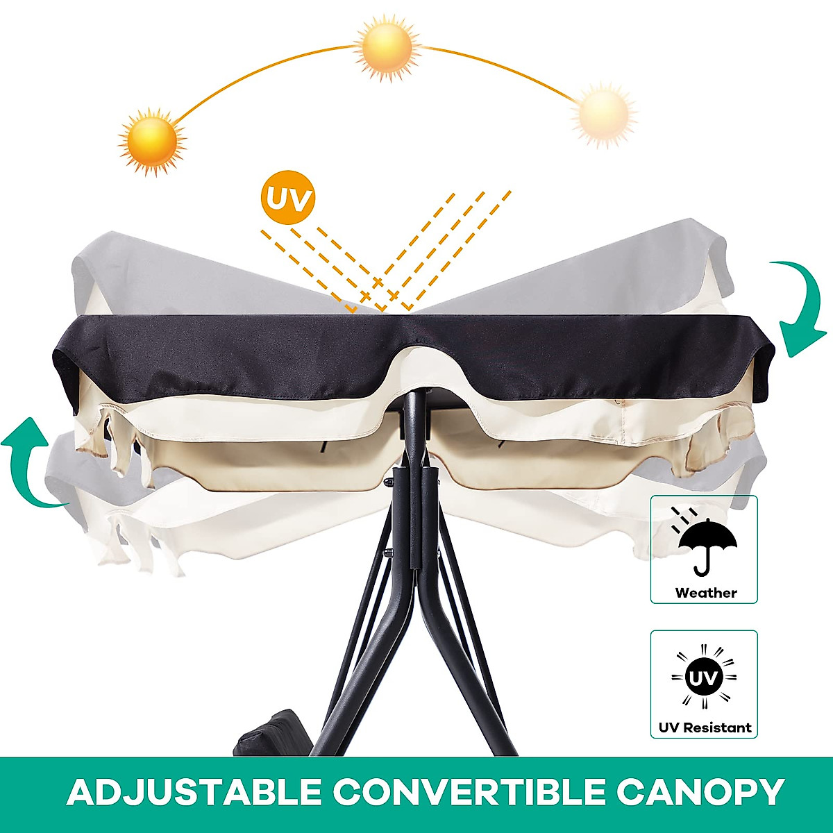 Fundouns 2-Person Patio Porch Swing Chair, Outdoor Canopy Hanging Swing Lounge Chair Adjustable Shade, Removable Cushions- Black and Beige