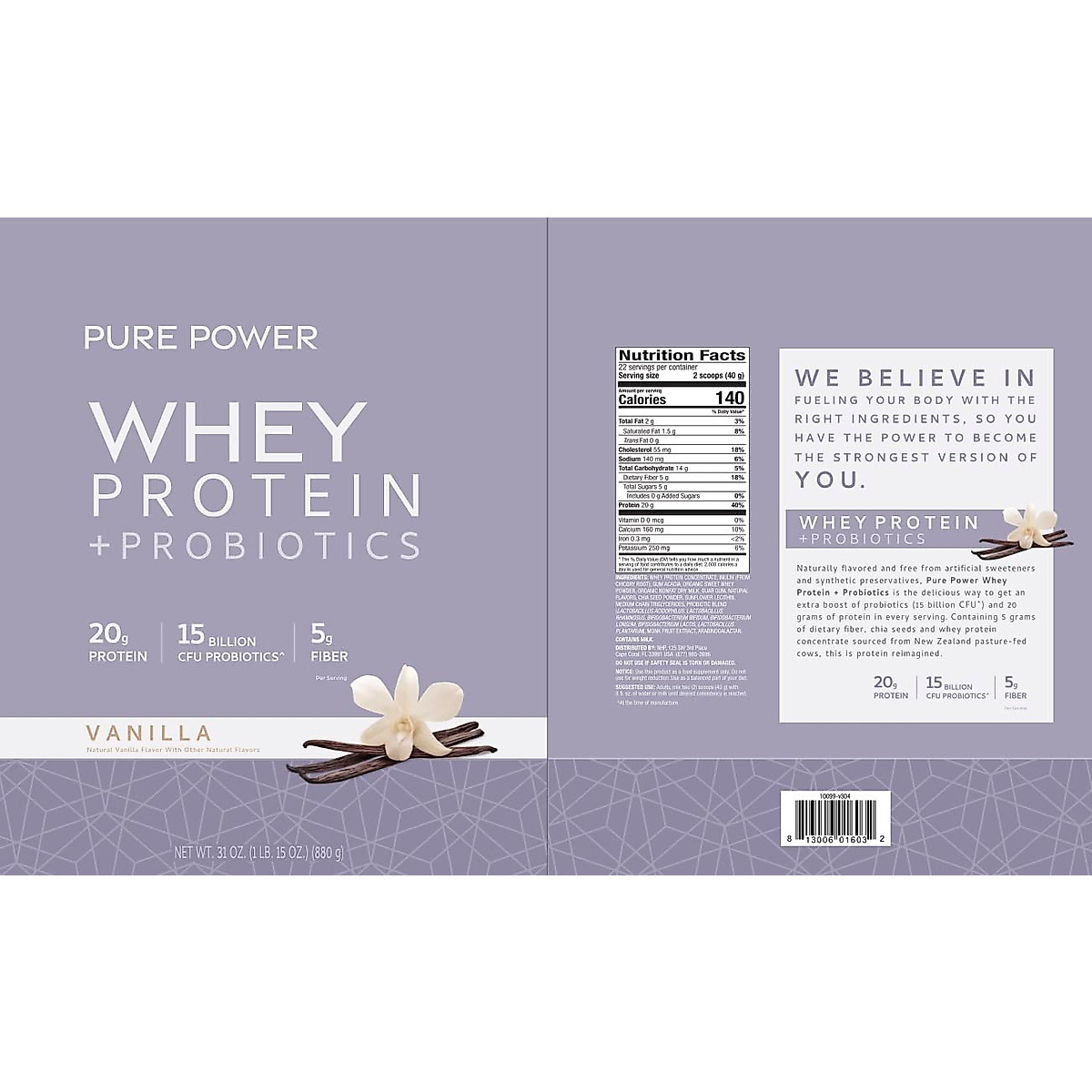 Dr. Mercola Pure Power Protein Powder, Vanilla, 31 oz (1 IB. 15 oz.) (880 g), 22 Servings, BCAA, Natural Sweeteners Only, Non GMO, Soy Free, Gluten Free