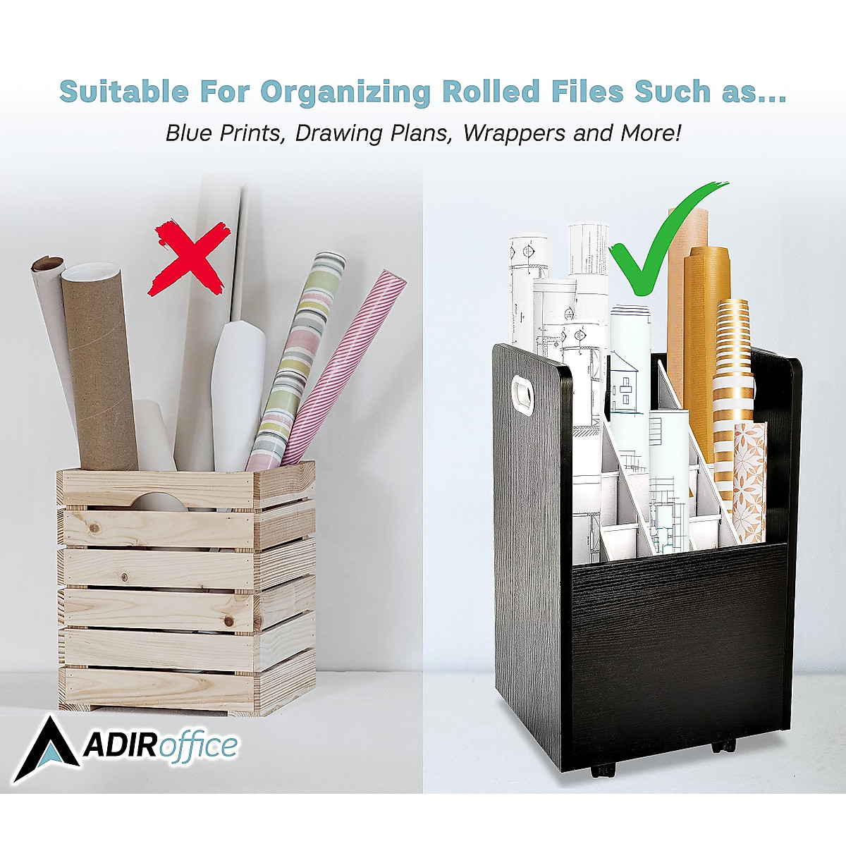 Adir Mobile Blueprint Roll File Holder - Architectural Plan Storage Organizer for Home Office or School Use 20 Slots (Black)