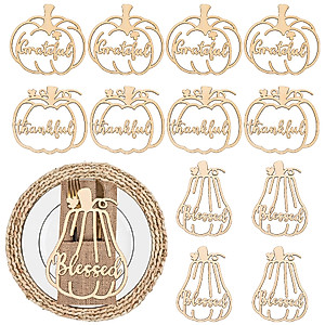 Fall Plate Decor 12 Pieces Pumpkin Wood Cutouts Thanksgiving Table Setting Wooden Word Cards with 12 PCS Burlap Cutlery Pouch Bags for Holiday Harvest Utensil Home Party Decor