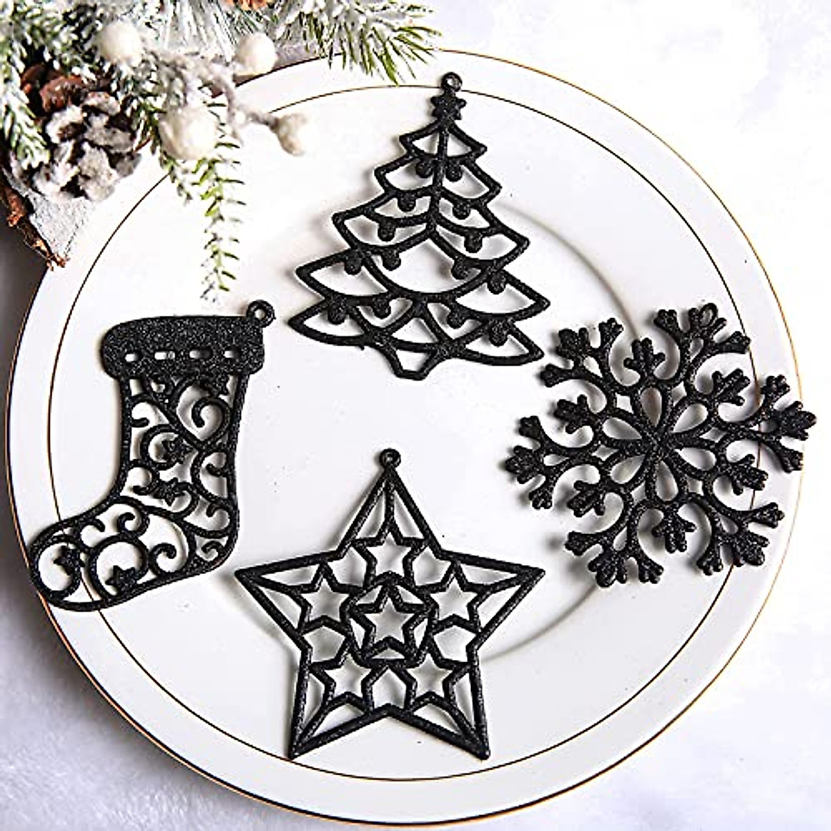 Glitter Snowflake Ornaments for Christmas Tree, 40pcs Black Christmas Decoration Hanging Decorations for Halloween Xmas Tree, Window, Door