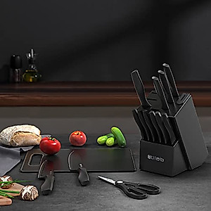 Stllab Knife Set with Cutting Board, 15 Pcs Kitchen Knife Set with Built-in Sharpener Block, Knife Set with 6 Steak Knives, Black