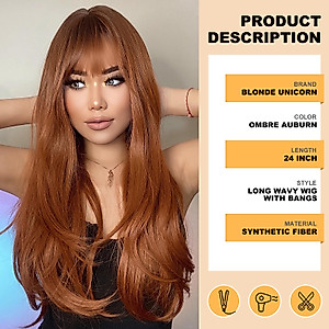 BLONDE UNICORN Orange Wigs for Women Long Auburn Red Wig with Bangs Layered Wigs Red Wigs Auburn Hair Wigs for Women Cosplay Wigs…