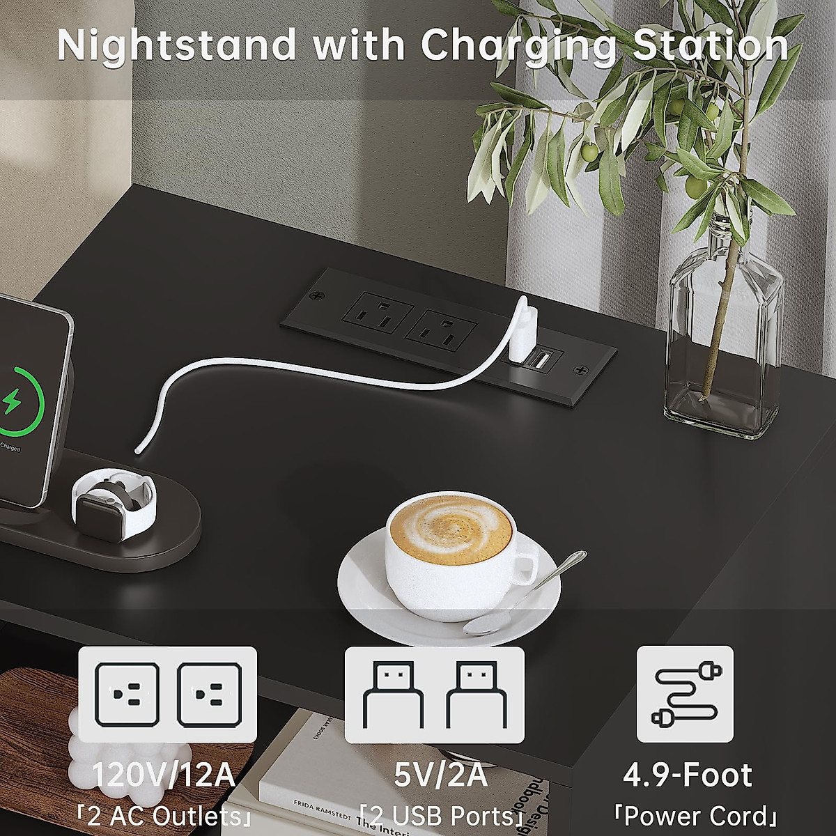 Diliplain Nightstand with Charging Station, Black Night Stand with LED Lights, Modern Side Table with Drawers and Open Shelf, End Table with Solid Wood Legs for Bedroom