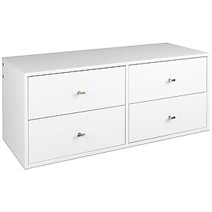 Prepac 4-Drawer Floating Dresser for Bedroom, Modern Dresser Chest of Drawers with Brushed Brass Knobs 16" D x 42.25" W x 17.25" H, White, WDBW-1412-1