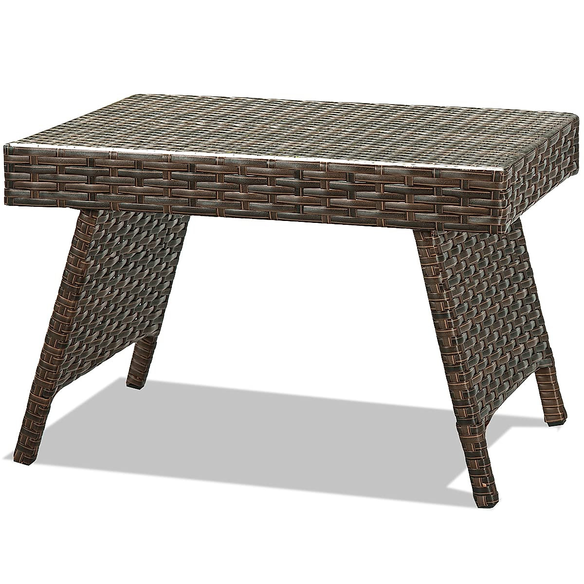 RELAX4LIFE Patio Rattan Side Table - Folding Coffee Table with Premium Brown PE Wicker & High-Duty Steel Frame, Outdoor Beside Table for Garden, Courtyard, Poolside (Brown)