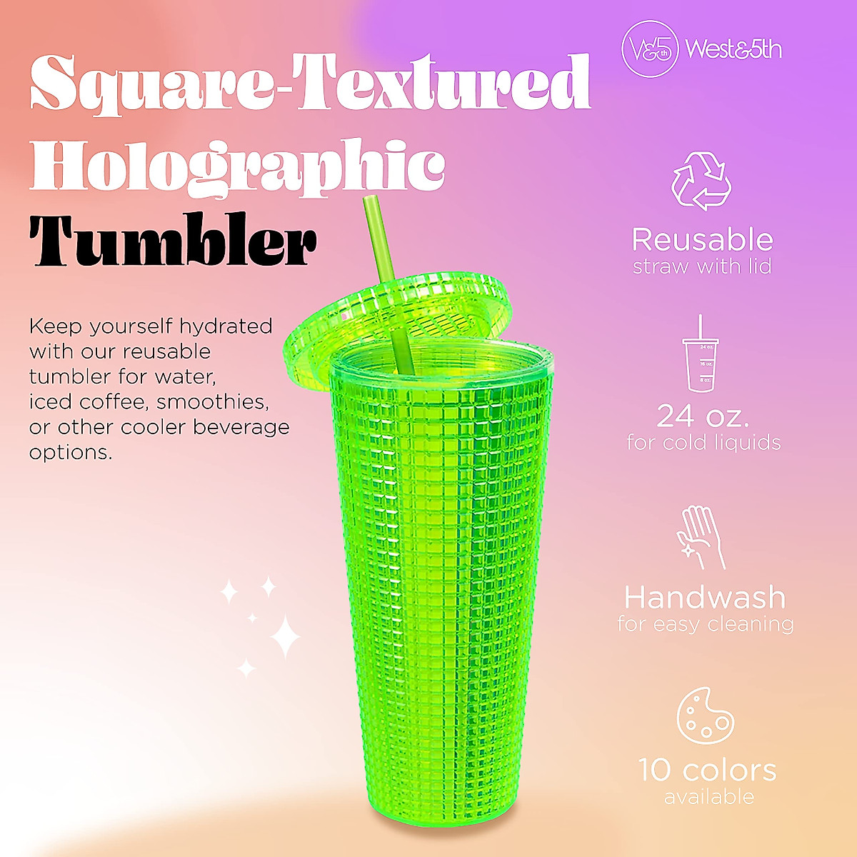 WEST & FIFTH Grid Plastic Cold-Cup Tumbler with Straw, Iridescent Semi-Transparent Square-Textured Cup, BPA-Free Double-Wall Cup for Iced Coffee, Cold Drinks, or Water, 24oz., Neon Green