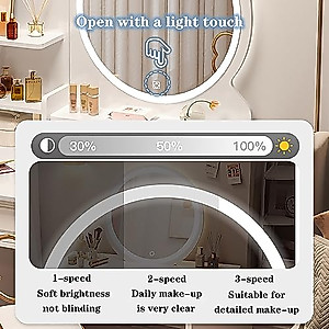 Vanity Set with Lights and Stool Makeup Vanity Desk with Mirror Dressing Table with Four Drawers Raise the Fence to Prevent Falling Exquisite Handle Smooth Pulling Three Level Brightness Adjustment (