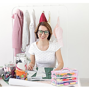 Anstore Storage Bins with Lids, 2 x 3 Tier Stackable Clear Plastic Storage Bins, Storage Container with Handle for Home, Office Supplies and Craft organization and Storage(Pink&Grey)