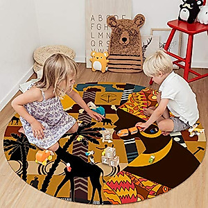 Large Area Rug for Living Room- African Women Rlephant Giraffe Silhouette Soft Comfort Carpet Home Decorate Contemporary Runner Rugs, 4' Diameter