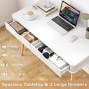 Tangkula Mid Century Desk with 2 Storage Drawers, Modern Writing Study Desk with Rubber Wood Legs, Versatile Home Office Study Desk for Small Space, Vanity Table for Bedroom (White)