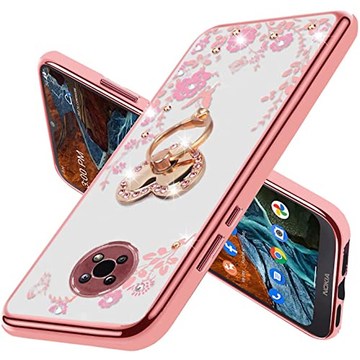 B-wishy Nokia G300 5G Glitter Case - Slim Butterfly Floral TPU, Luxury Bling Diamond, Ring Stand + Strap (Rose Gold)