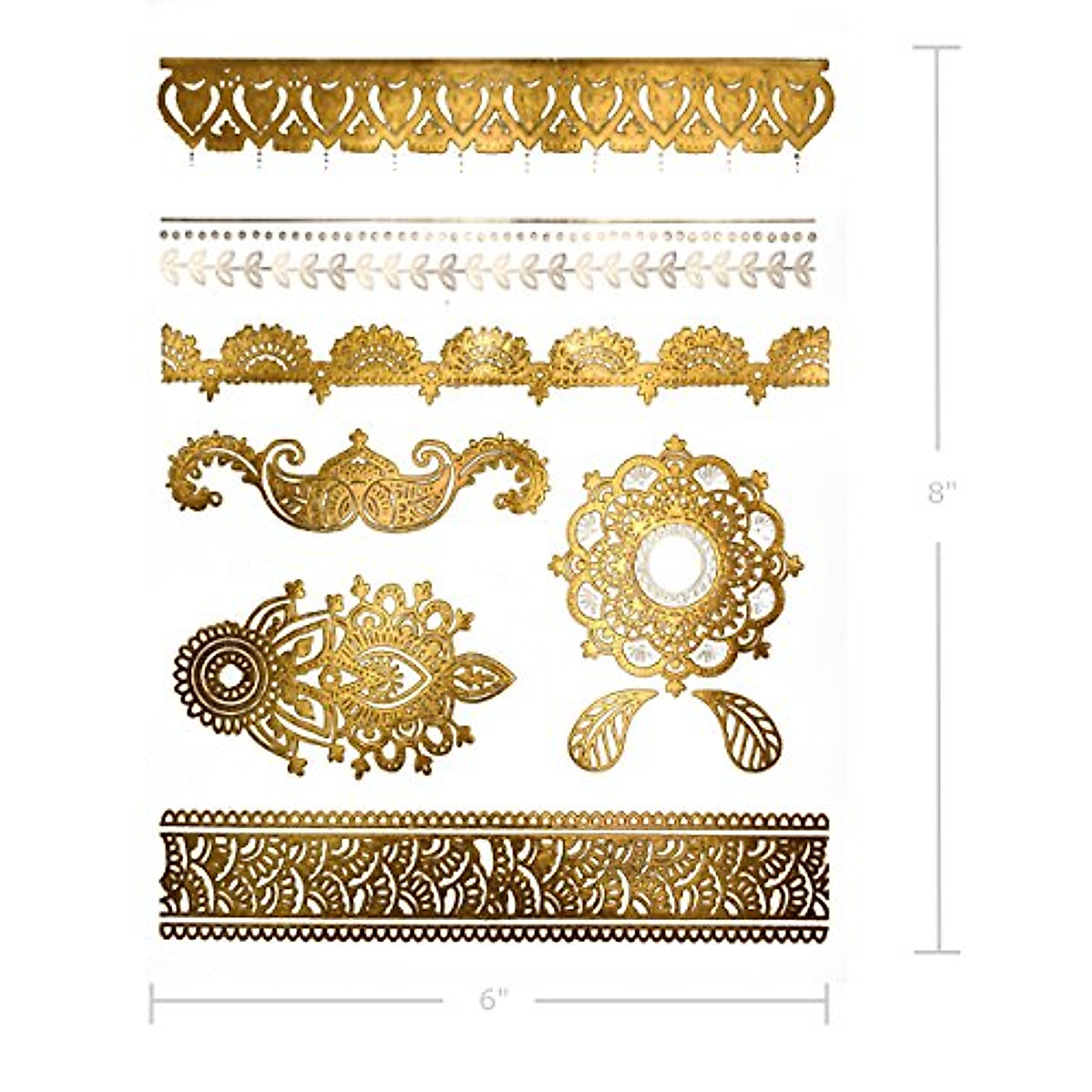 Terra Tattoos Gold Metallic Temporary Tats Geometric Henna Designs Waterproof Nontoxic Long Lasting Perfect for Beach, Festivals, & more! (Maya)