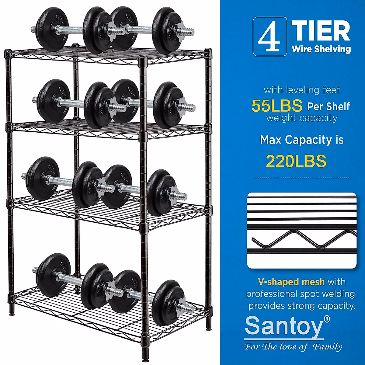 Santoy 4 Tier Metal Shelves for Storage,Shelving Unit for Kitchen, Bathroom, Pantry, Closet, and Bedroom - Strong Steel Wire Organizer Rack (Black, 21.7’’L*11.8’’W*42’’H)