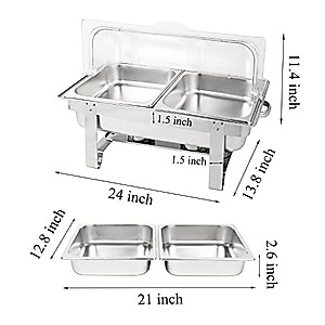 Restlrious Chafing Dish Buffet Set with Roll Top Plastic Cover, Stainless Steel 8 QT Rectangular Chafers and Buffet Warmers Set w/Half Size Food Pan, Water Pan, Fuel Can for Catering Event Party