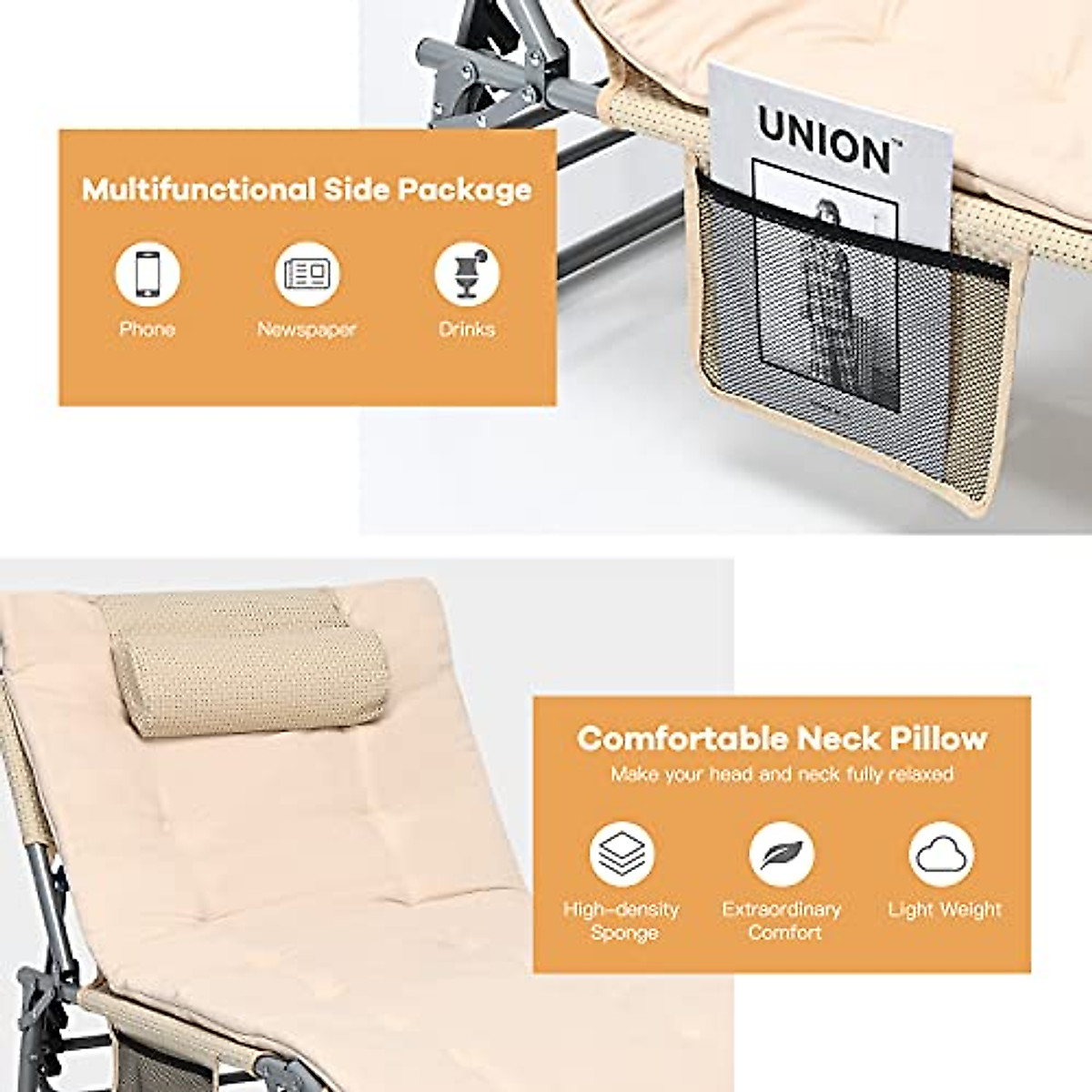 GYMAX Lounge Chair for Outside, 27” Oversize Beach Chaise Lounge with Removable Cushion & Adjustable Backrest, Headrest & Carry Strap, Tri-Fold Beach Layout Tanning Chair for Patio, Poolside(1, Beige)