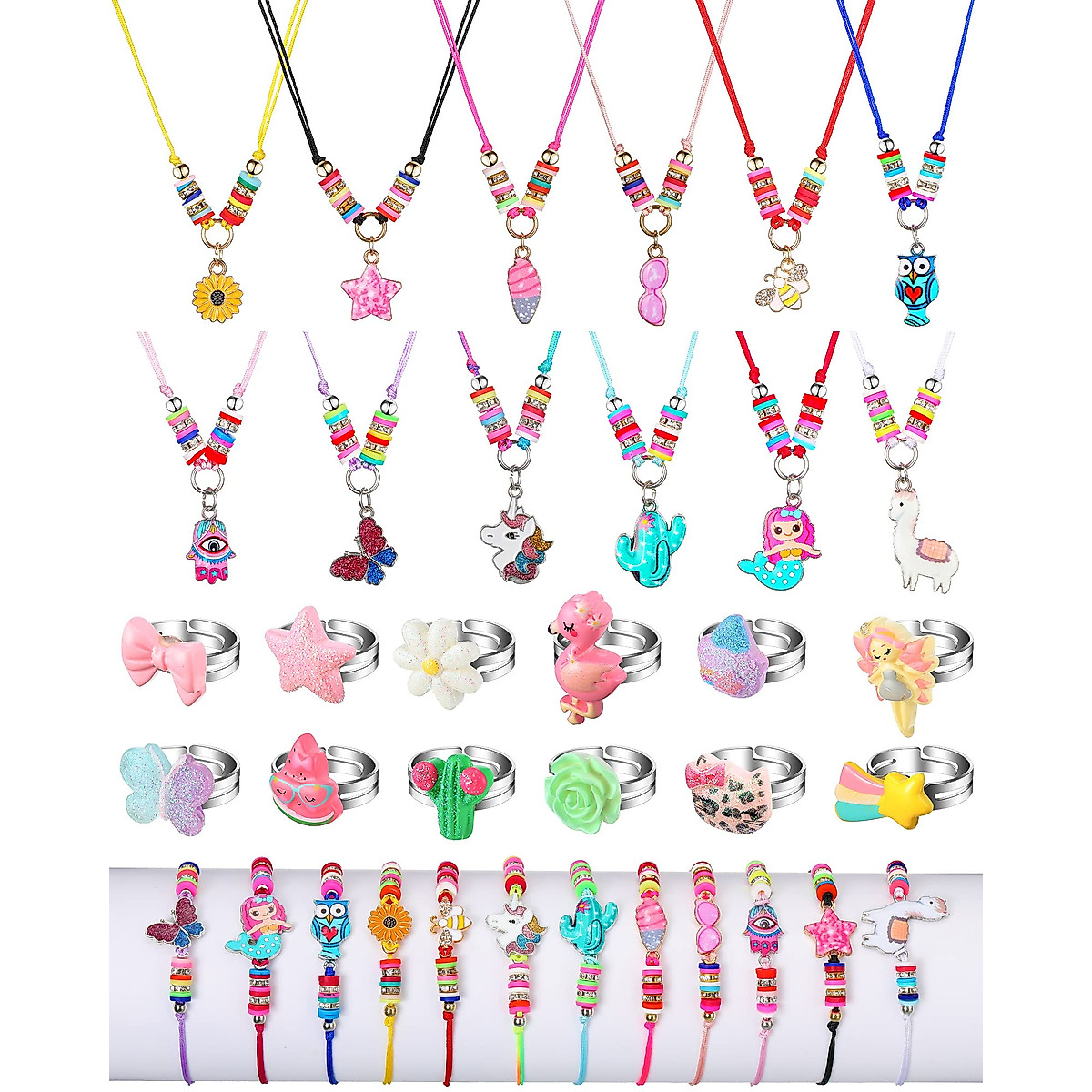 36 Pcs Kids Jewelry for Girls Adjustable Woven Friendship Bracelets Necklaces and Rings Set with Animal Mermaid Unicorn Butterfly Flower Pendants for Toddler Pretend Play Dress up Party Favor(Fresh)