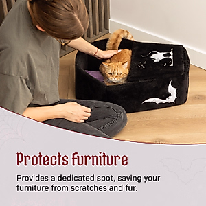 Littlesy Gothic Cat Bed with Purple Cushion - Coffin Cat Bed Ideal as Halloween Cat Bed, Perfect Goth Cat Bed in Black and Purple for Gothic-Themed Homes