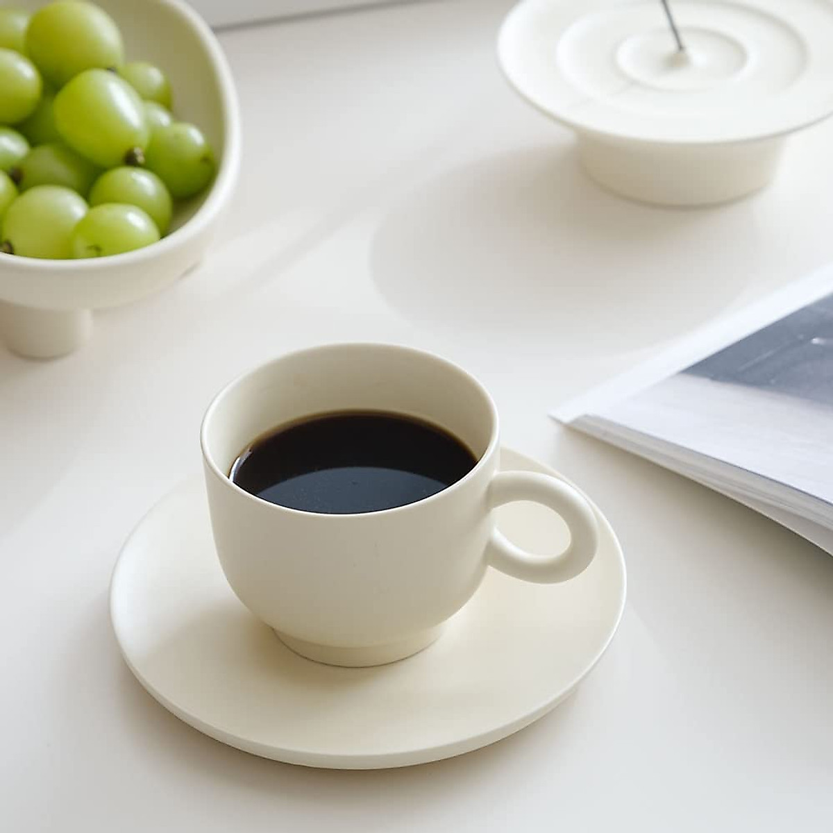 WENSHUO Cappuccino Cup, Round Retro Coffee Mug, Cup and Saucer Set, Matte Crème, 6.7 oz