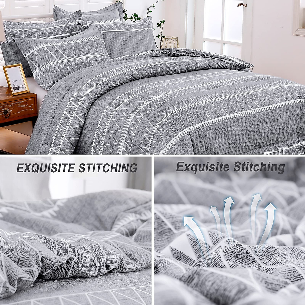 WONGS BEDDING Grey Comforter Set Queen, Soft Microfiber Reversible Gray Boho Down Alternative Comforter Set for Queen Bed- 3 Pieces (1 Solid Comforter + 2 Pillowcases), Bedding Duvet Set 90"x 90"