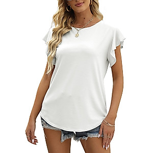 MIROL Women's Ruffle Sleeve Tops Summer Casual Blouse Crew Neck Solid Cute Tunic Shirt White