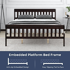 IULULU Queen Bed Frame, Solid Wood Platform Bed Frame with Headboard & Footboard, Queen Size Mattress Foundation with Wooden Slats Support, Easy Assembly, No Box Spring Needed, Espresso