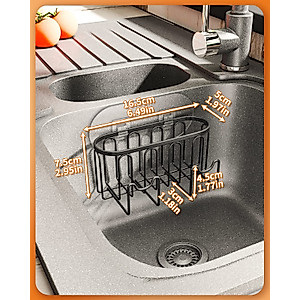 SWTYMIKI Sponge Holder for Kitchen Sink with Double Hook, Stainless Steel Kitchen Sink Caddy Multifunctional Kitchen Sink Organizer with Strong Adhesive for Sponge, Brush, Sink Stopper, Black