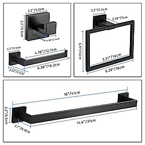 4-Piece Bathroom Hardware Accessories Set, Towel Bar Sets Include Towel Bar Towel Holder Toilet Paper Holder Towel Hook,16 inch Bath Accessories Kit，Matte Black