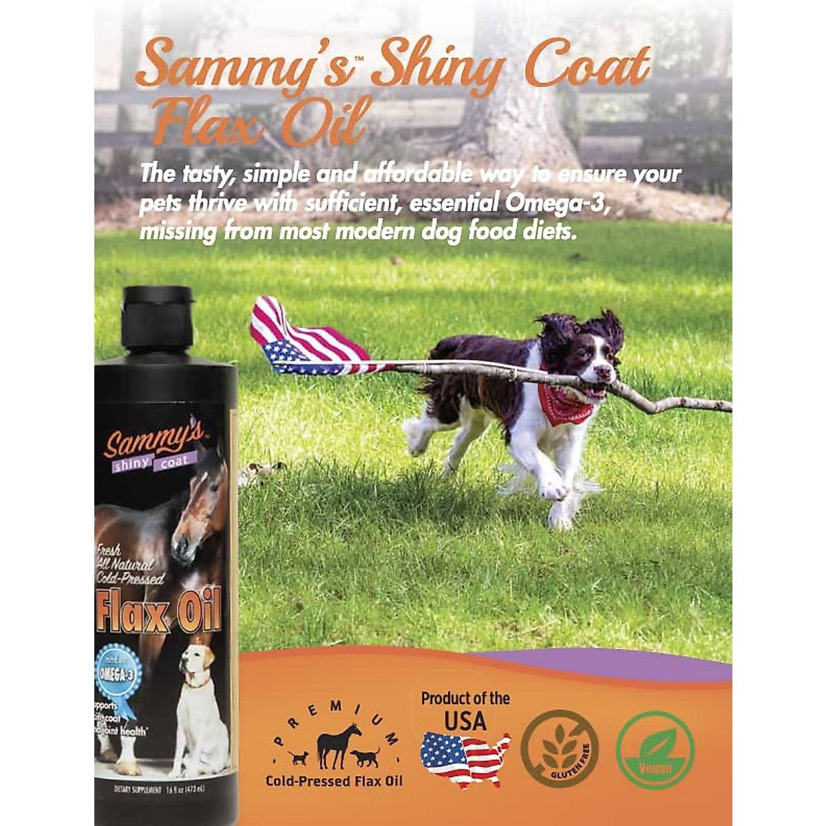 Sammy’s™ Shiny Coat Flaxseed Oil - 100% Pure, Natural Flax Oil, Cold-Pressed, Excellent Source of Omega-3 for Your Furry Friend, for Healthier Skin and Coat of Your Dogs, Cats, Other Pets - 32 Oz